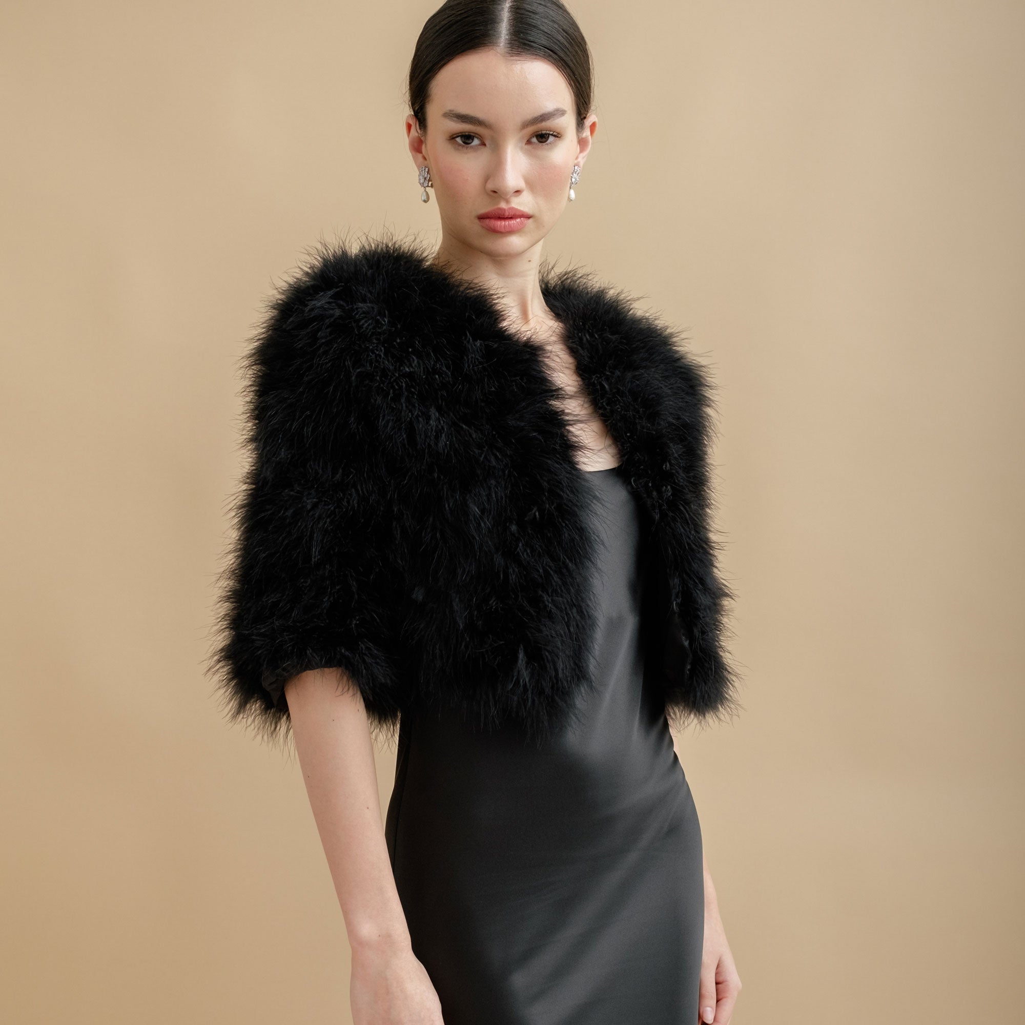 Black Cropped Feather Bridal Jacket | Liberty in Love