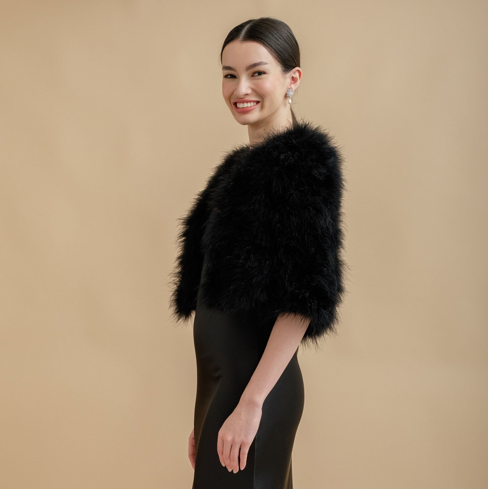 Black Cropped Feather Bridal Jacket | Liberty in Love