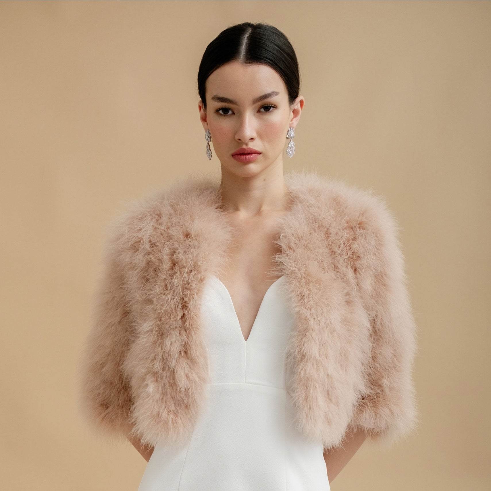 Champagne Blush Cropped Feather Bridal Jacket | Liberty in Love