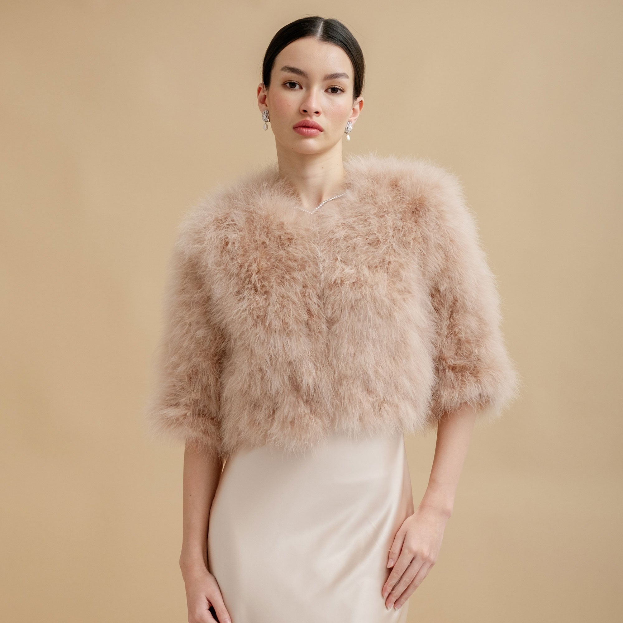 Champagne Blush Cropped Feather Bridal Jacket | Liberty in Love