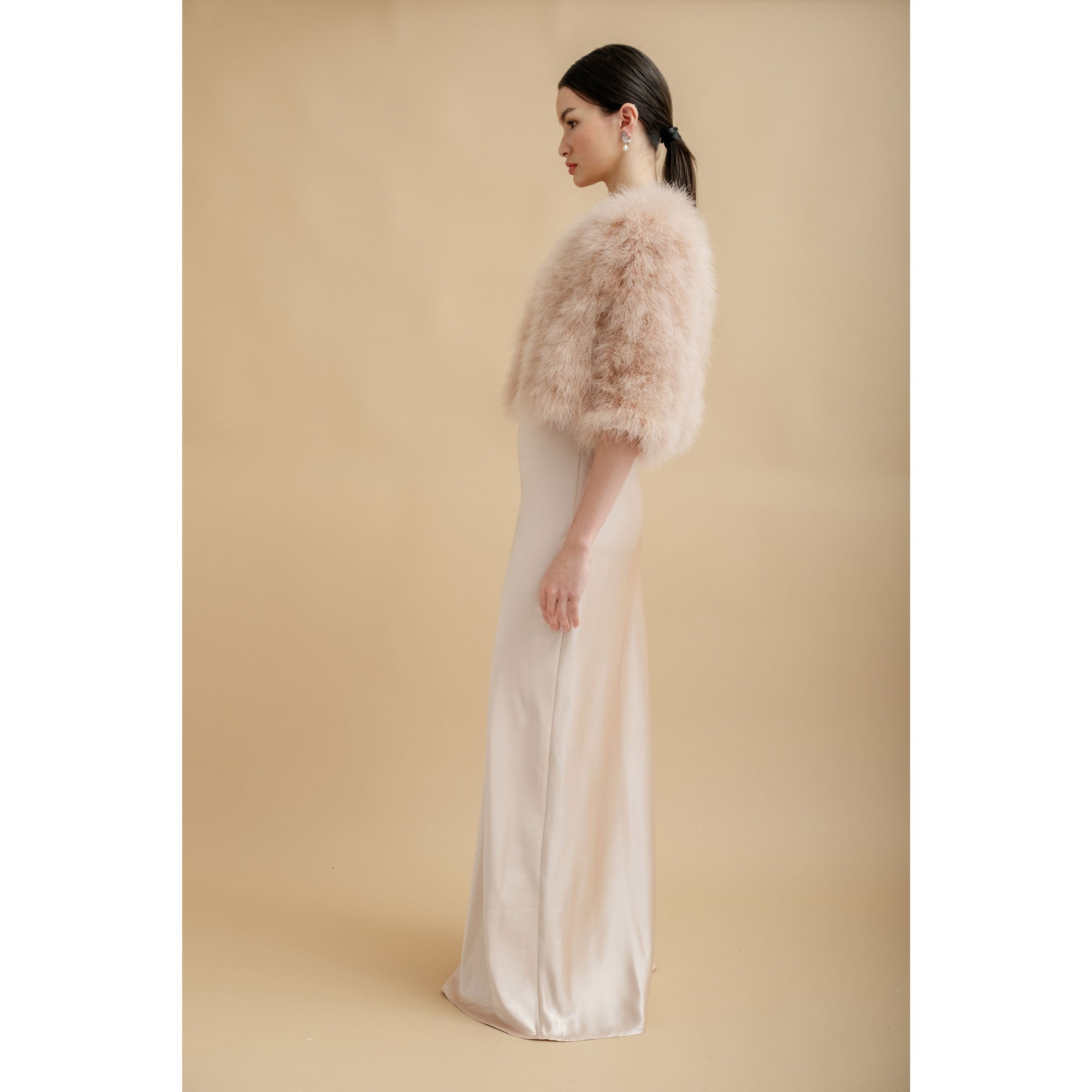 Champagne Blush Cropped Feather Bridal Jacket | Liberty in Love