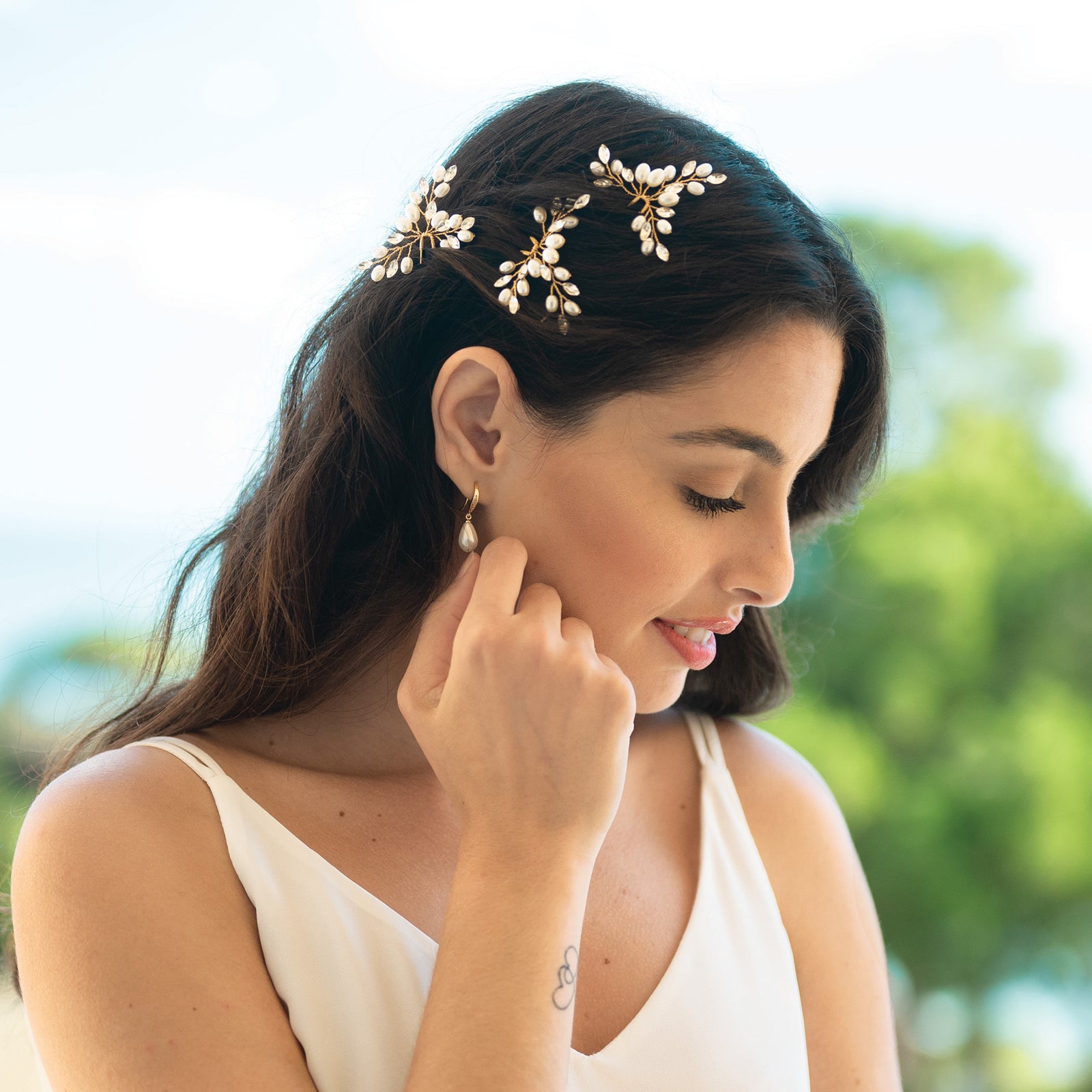 Cosmos gold crystal pearl hair pins set of 3 Ivory Co Liberty in Love