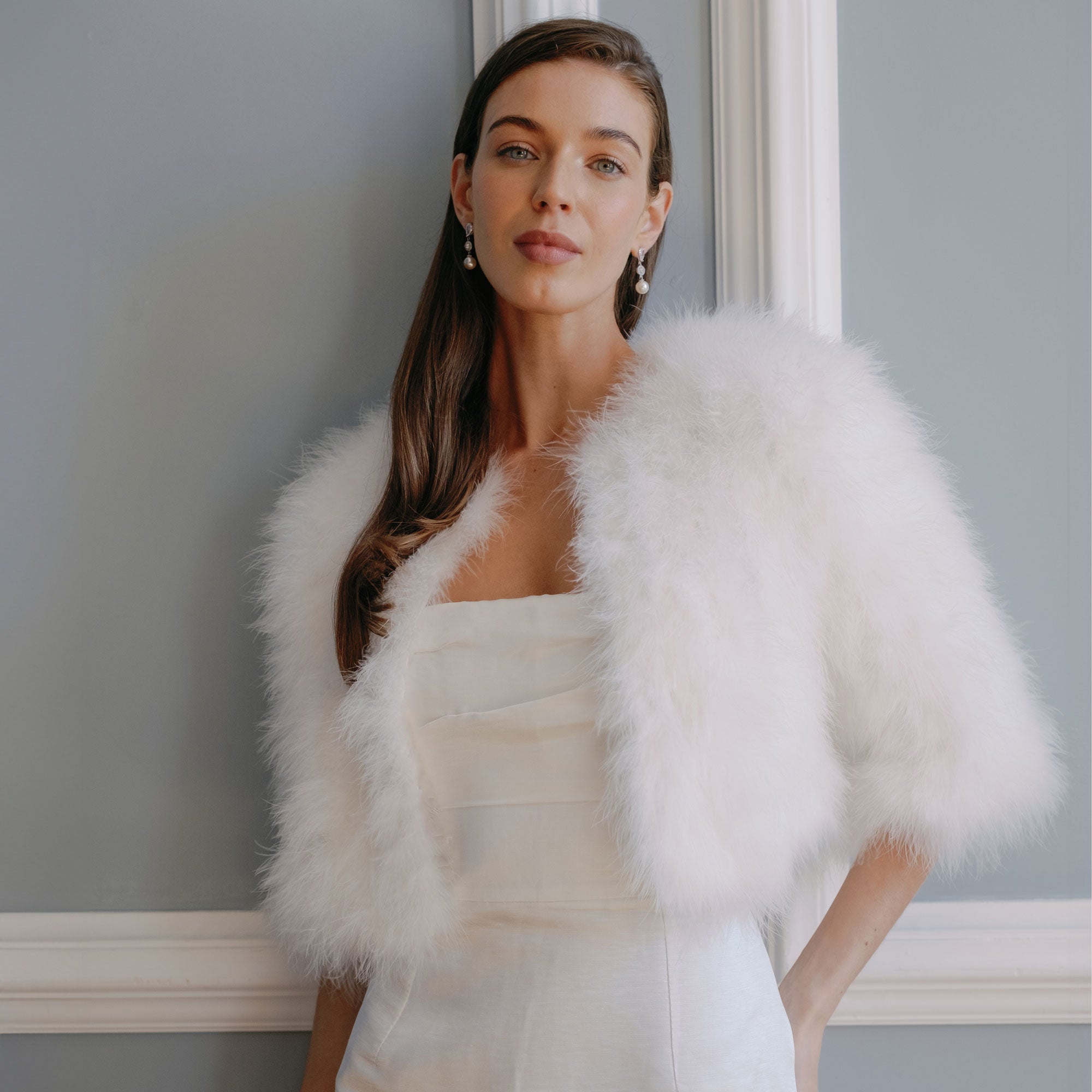 Ivory Cropped Feather Bridal Jacket | Liberty in Love