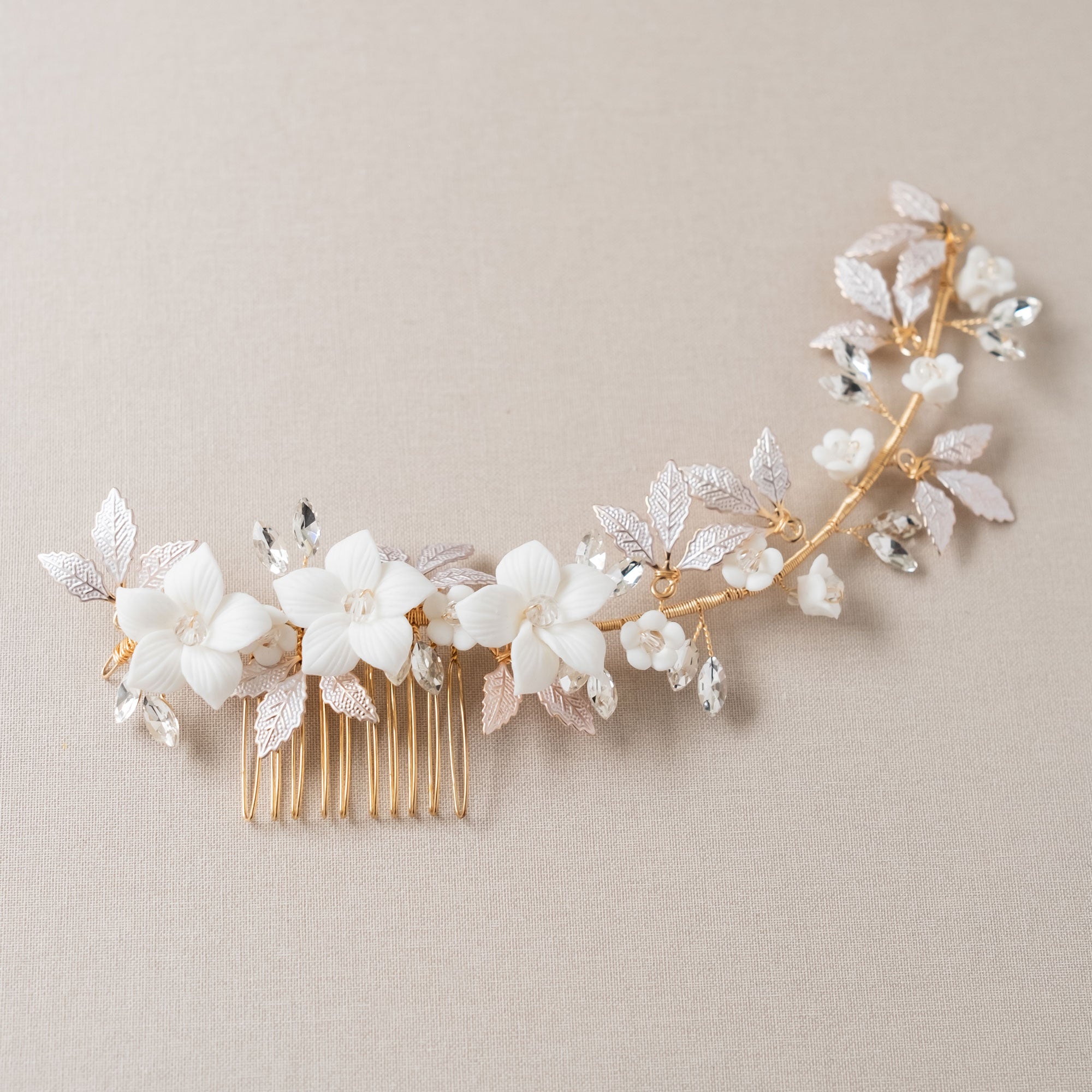 Phoebe clay flower and metal leaves hair vine | Aria – Liberty in Love