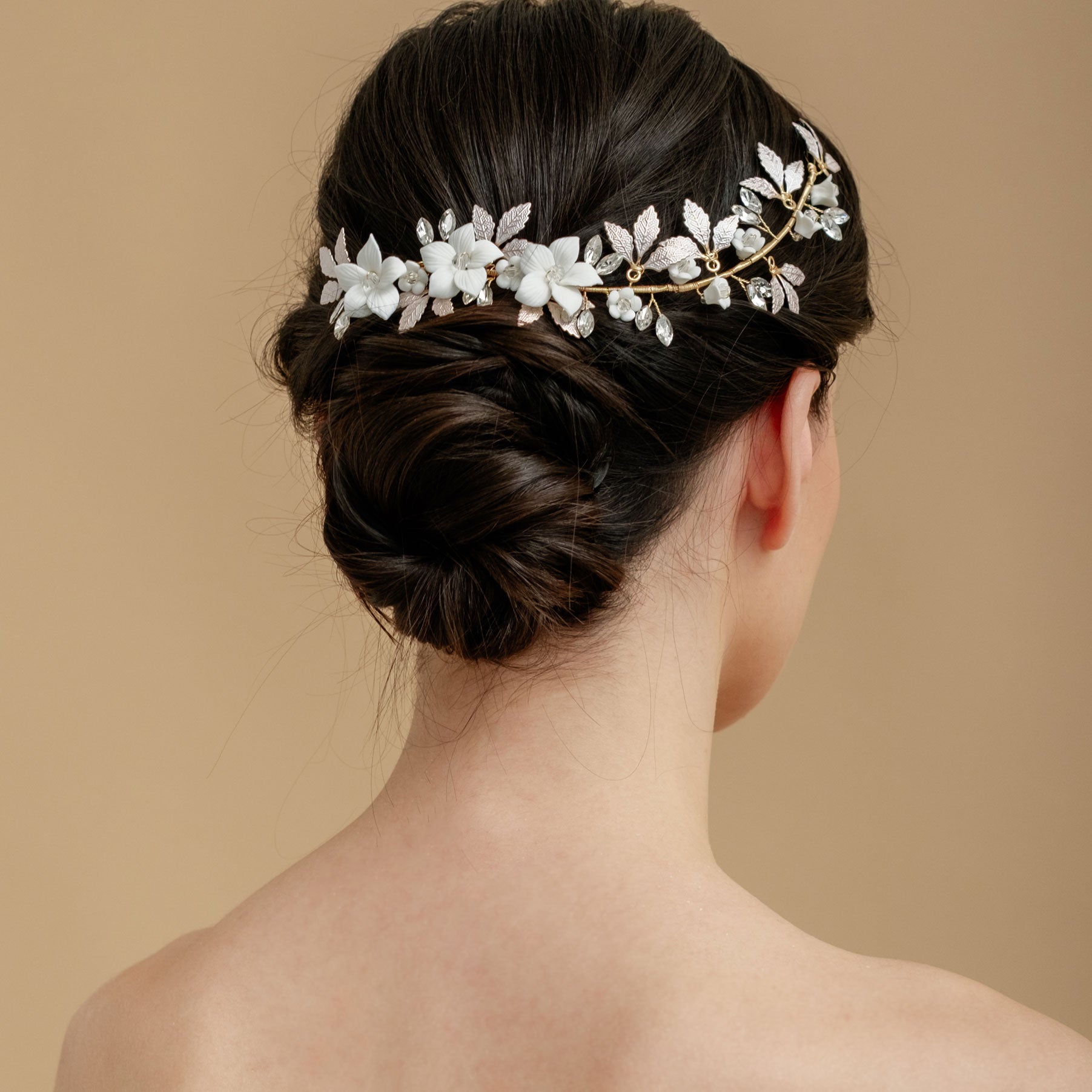 Phoebe clay flower and metal leaves hair vine | Aria – Liberty in Love