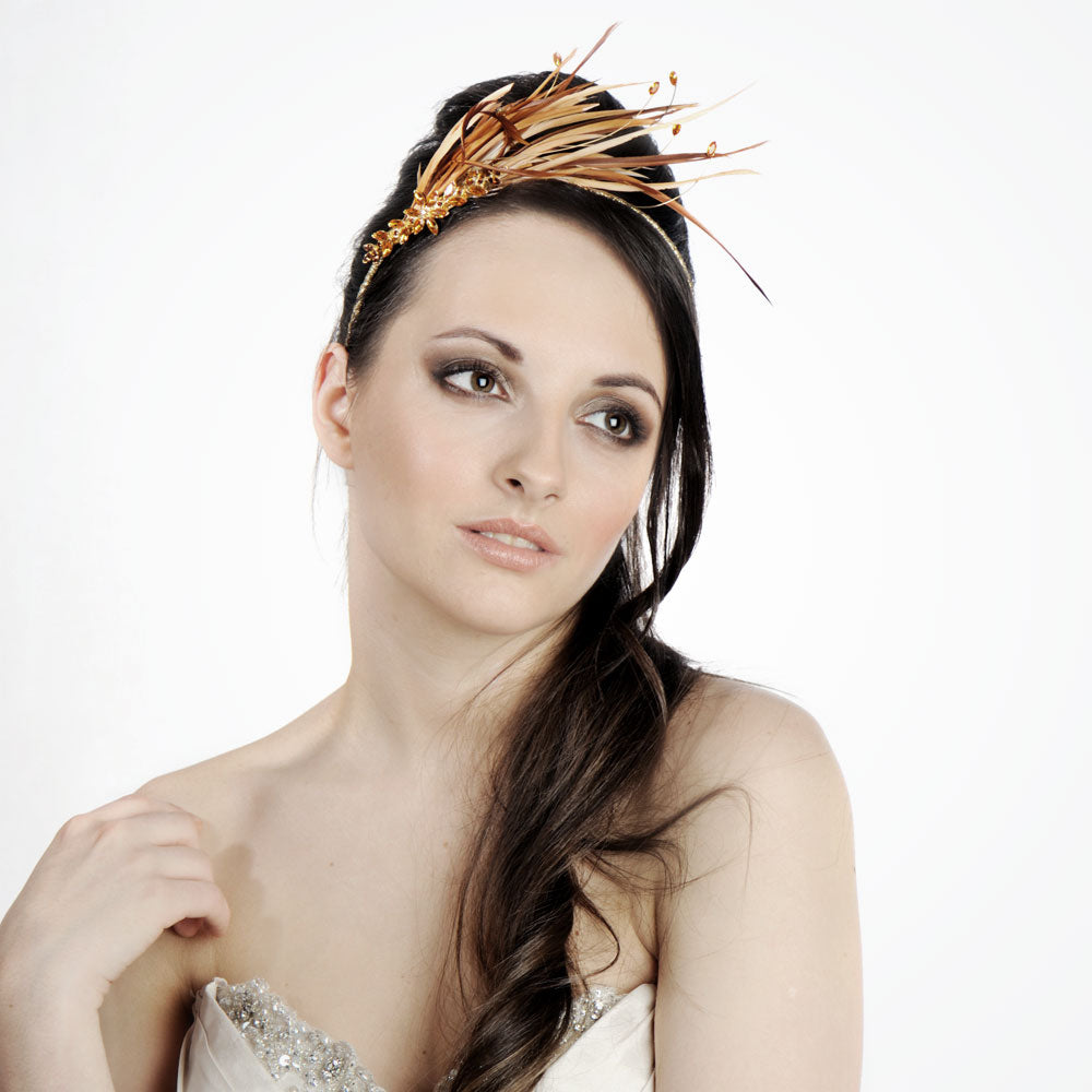 Amber band | Wedding fascinator with amber crystals and biot feathers ...