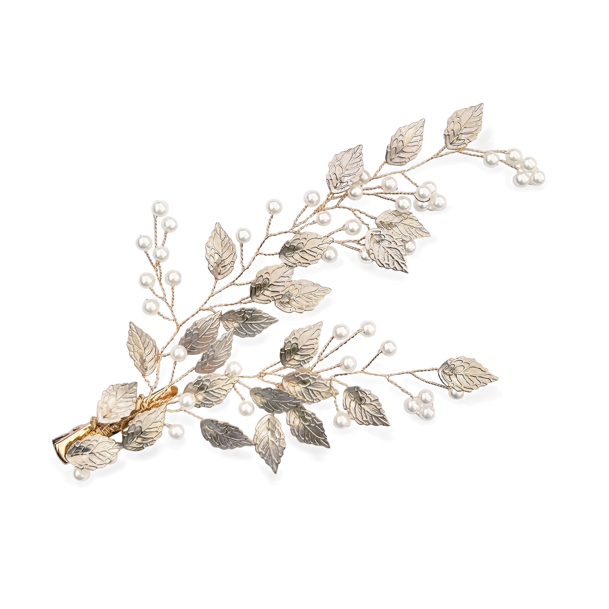 Summer breeze pearl enamelled leaf sprig clip (gold) | Ivory & Co ...