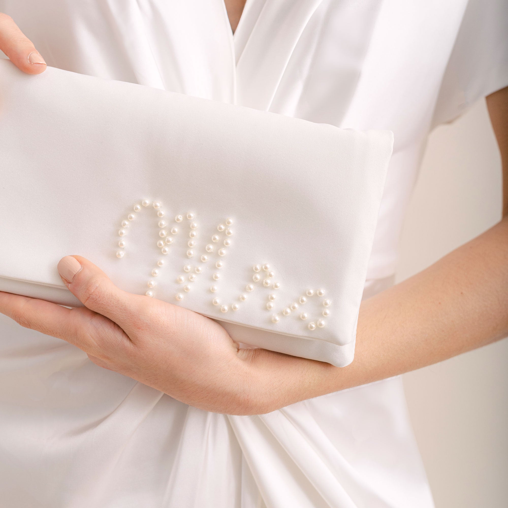 Mrs' pearl embellished ivory satin clutch | Emma Gordon London ...