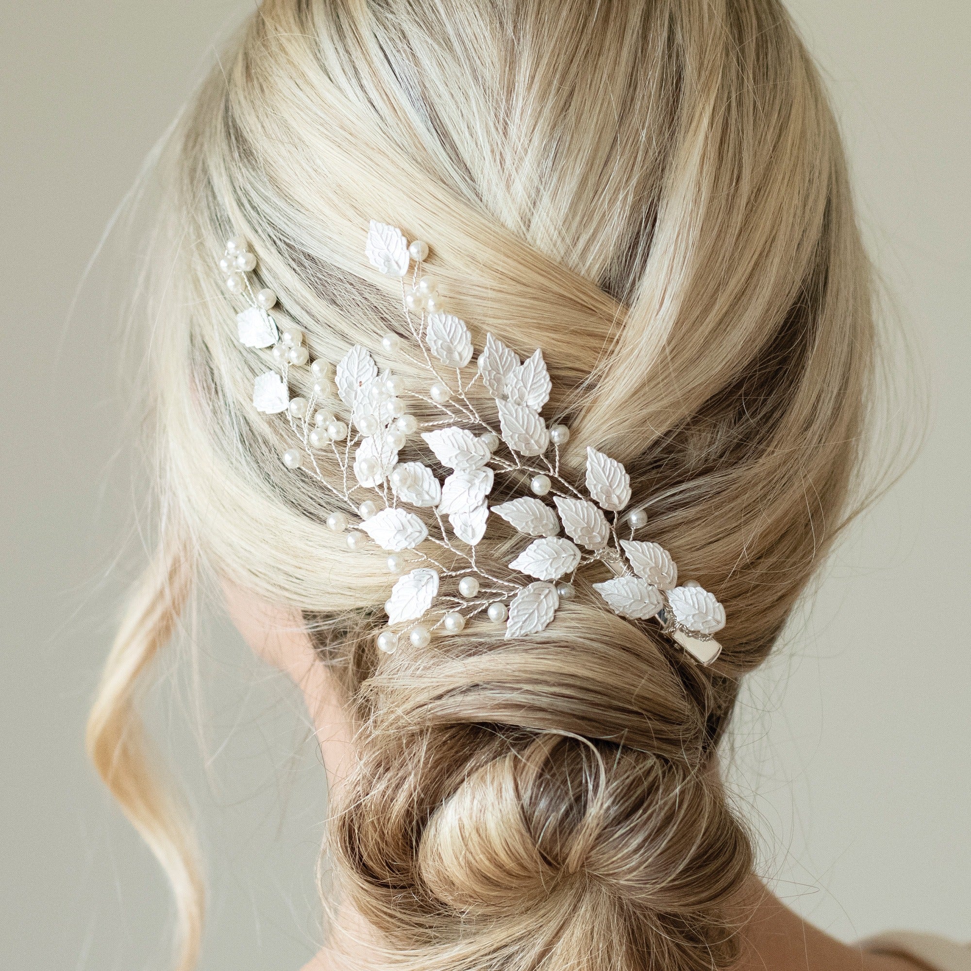 Summer breeze pearl enamelled leaf sprig clip | Silver | Ivory & Co ...