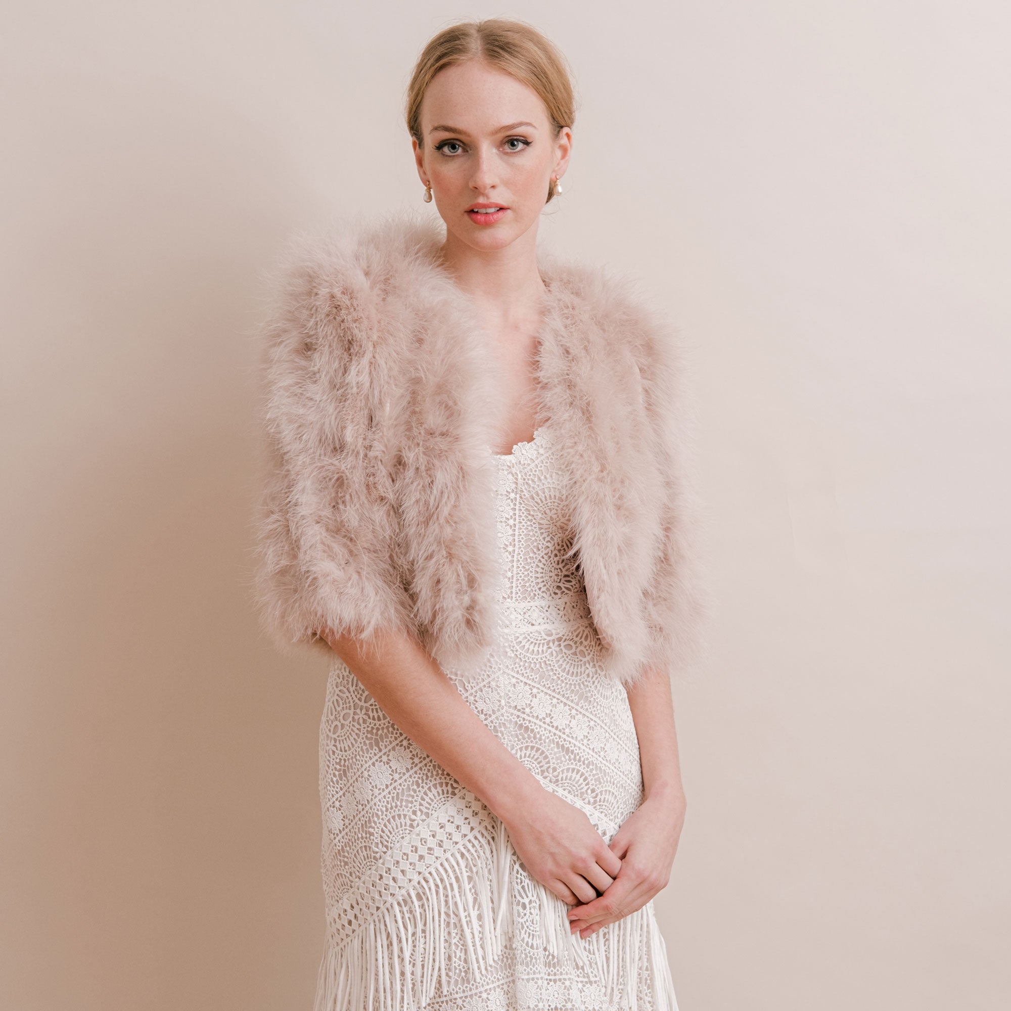 Smoked Blush Cropped Feather Bridal Jacket | Liberty in Love