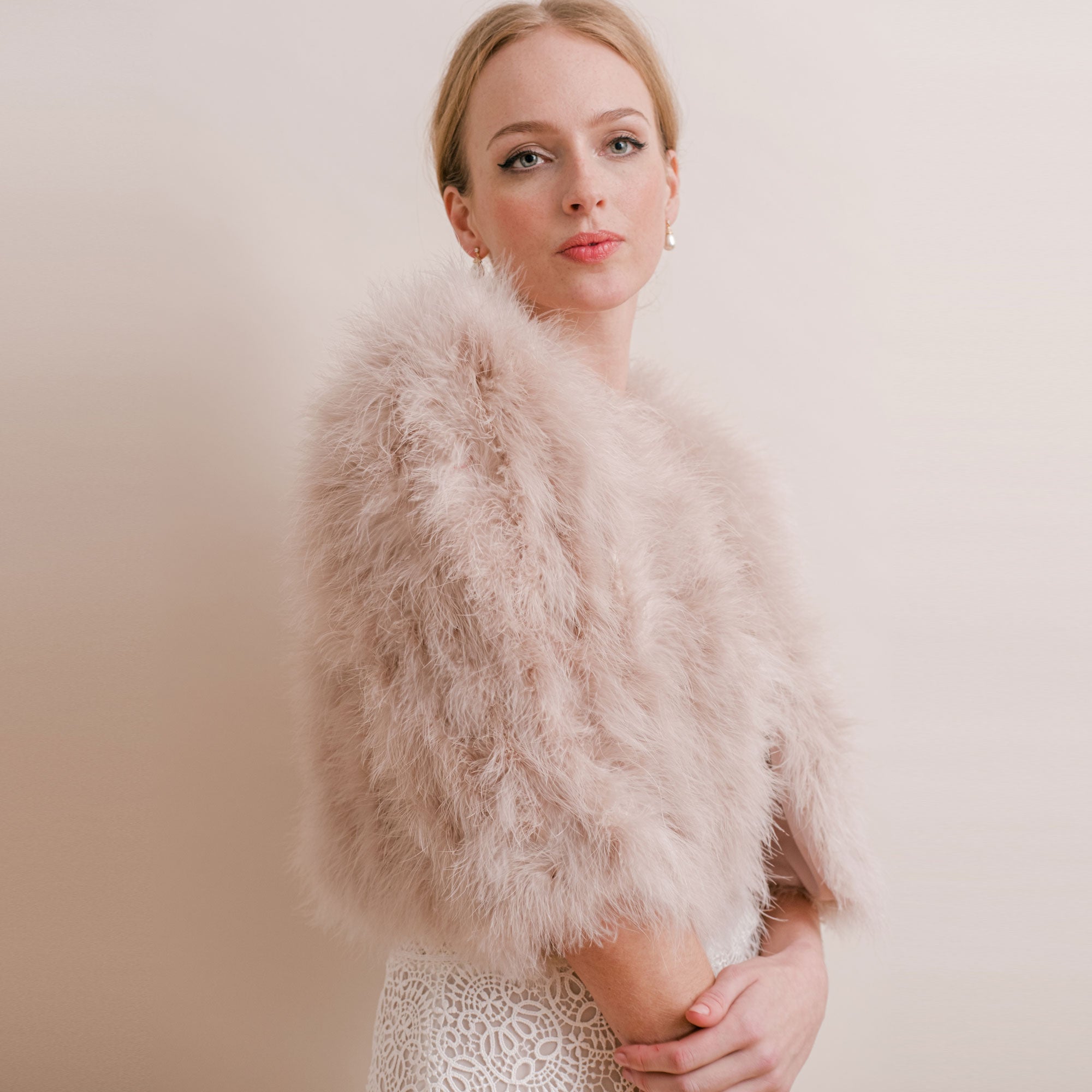 Smoked Blush Cropped Feather Bridal Jacket | Liberty in Love