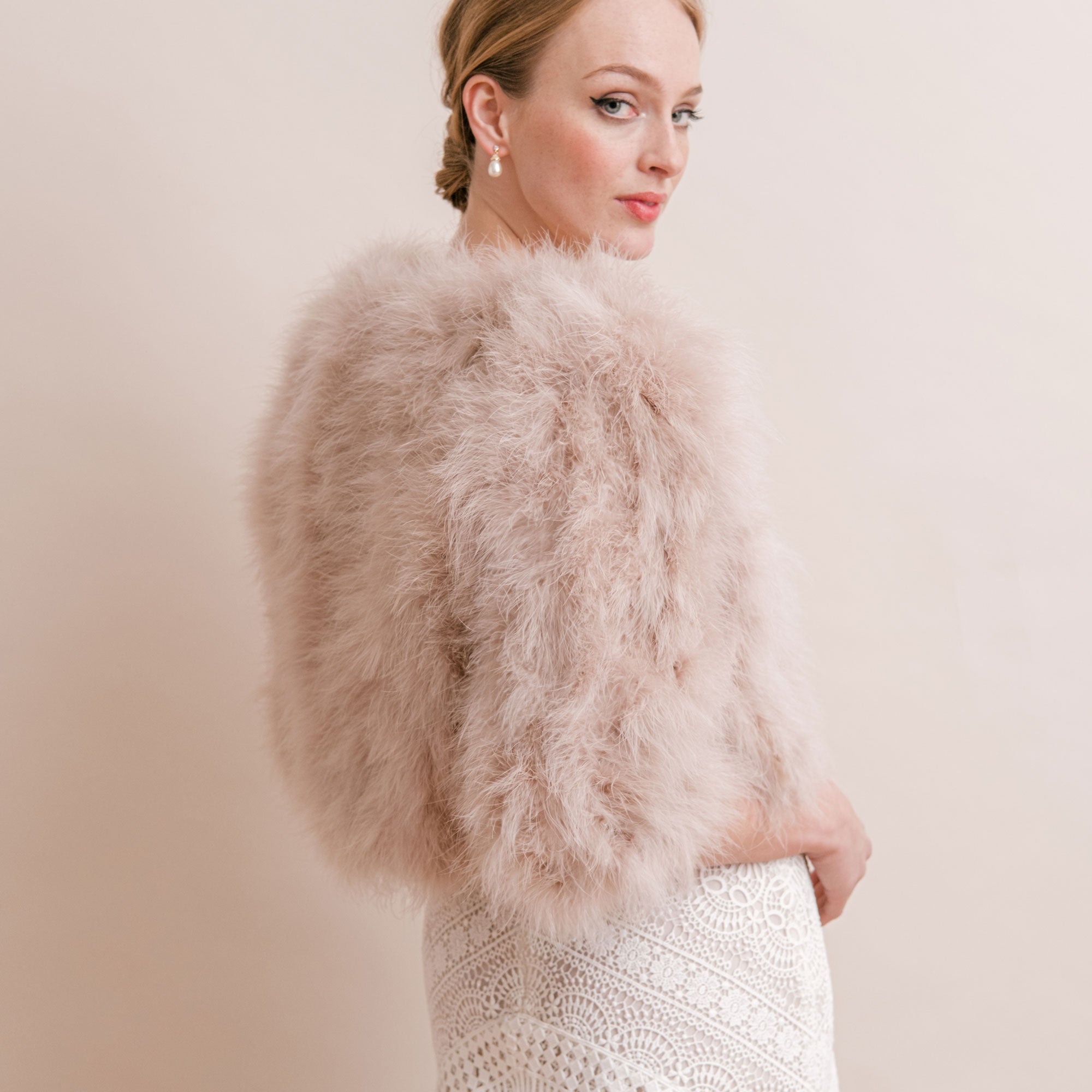 Smoked Blush Cropped Feather Bridal Jacket | Liberty in Love