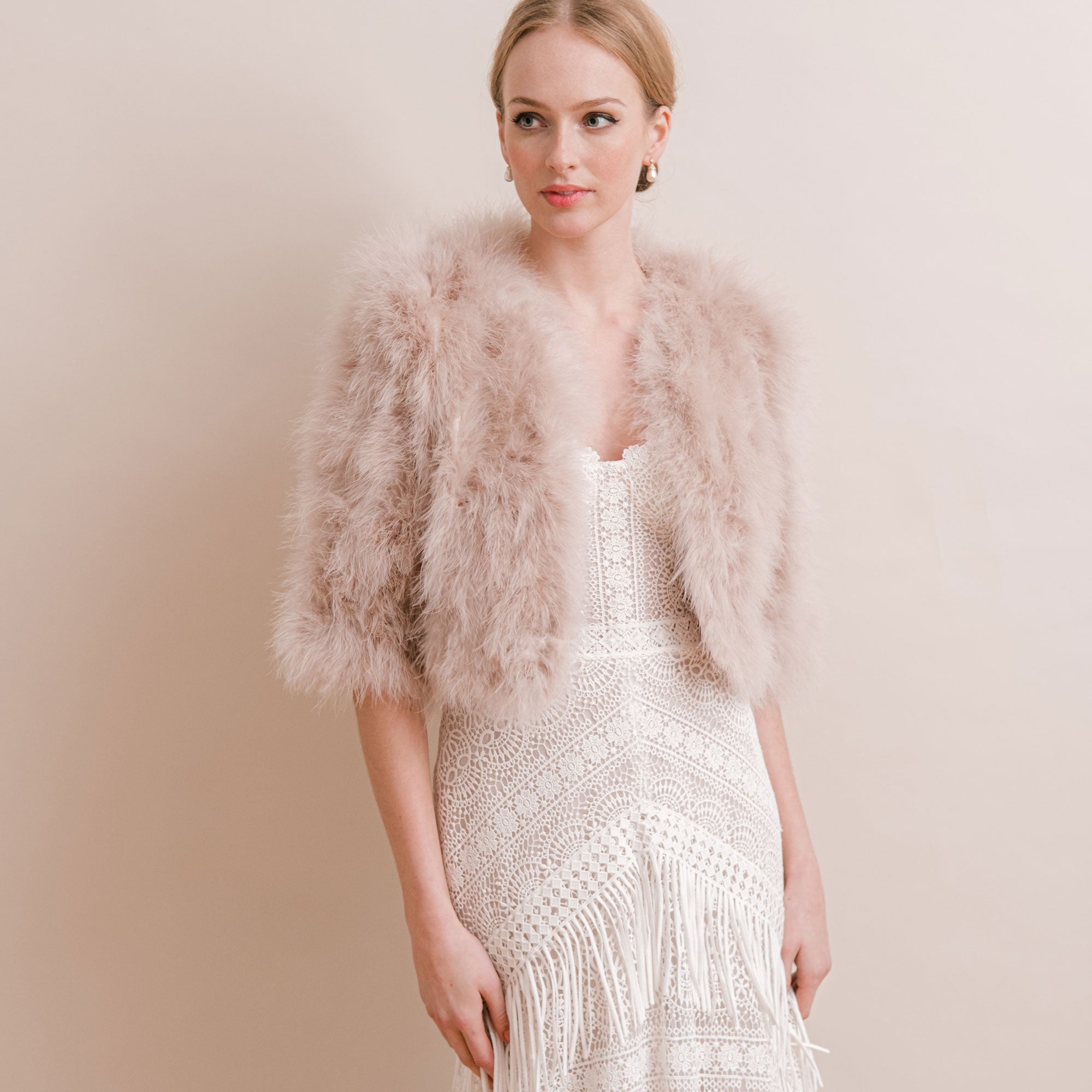 Smoked Blush Cropped Feather Bridal Jacket | Liberty in Love