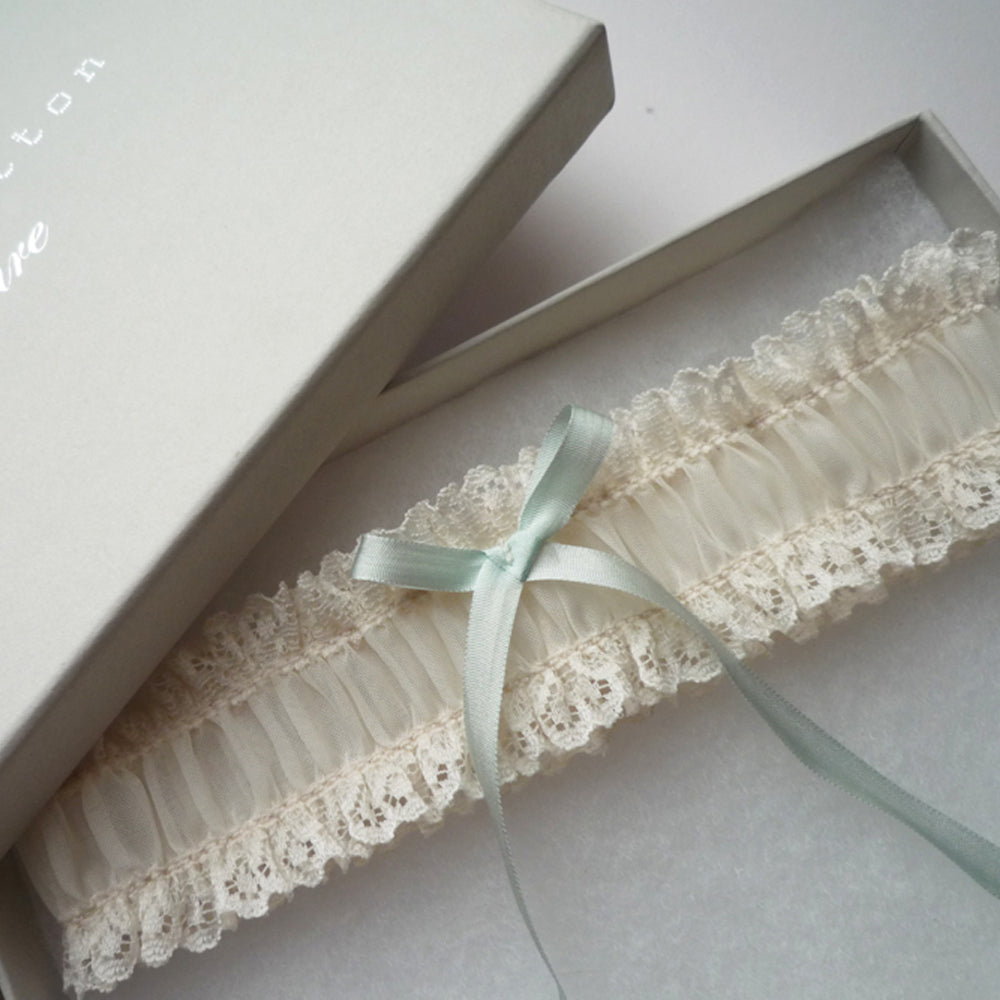 Alice ivory lace garter with duck egg blue ribbon | Wedding garters ...
