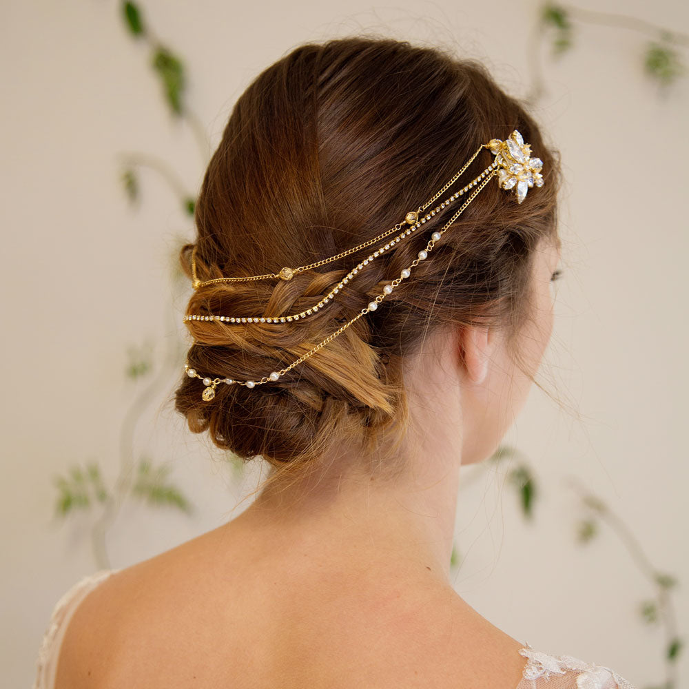 Gold hair drape with floral combs | Slipper orchid | Laurel Lime ...