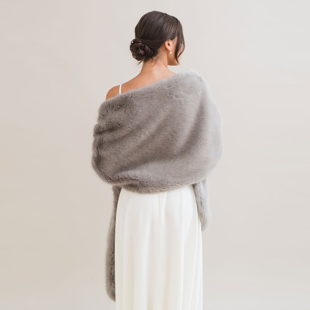 Warm grey faux fur long stole | Grey faux fur wide wedding wrap ...